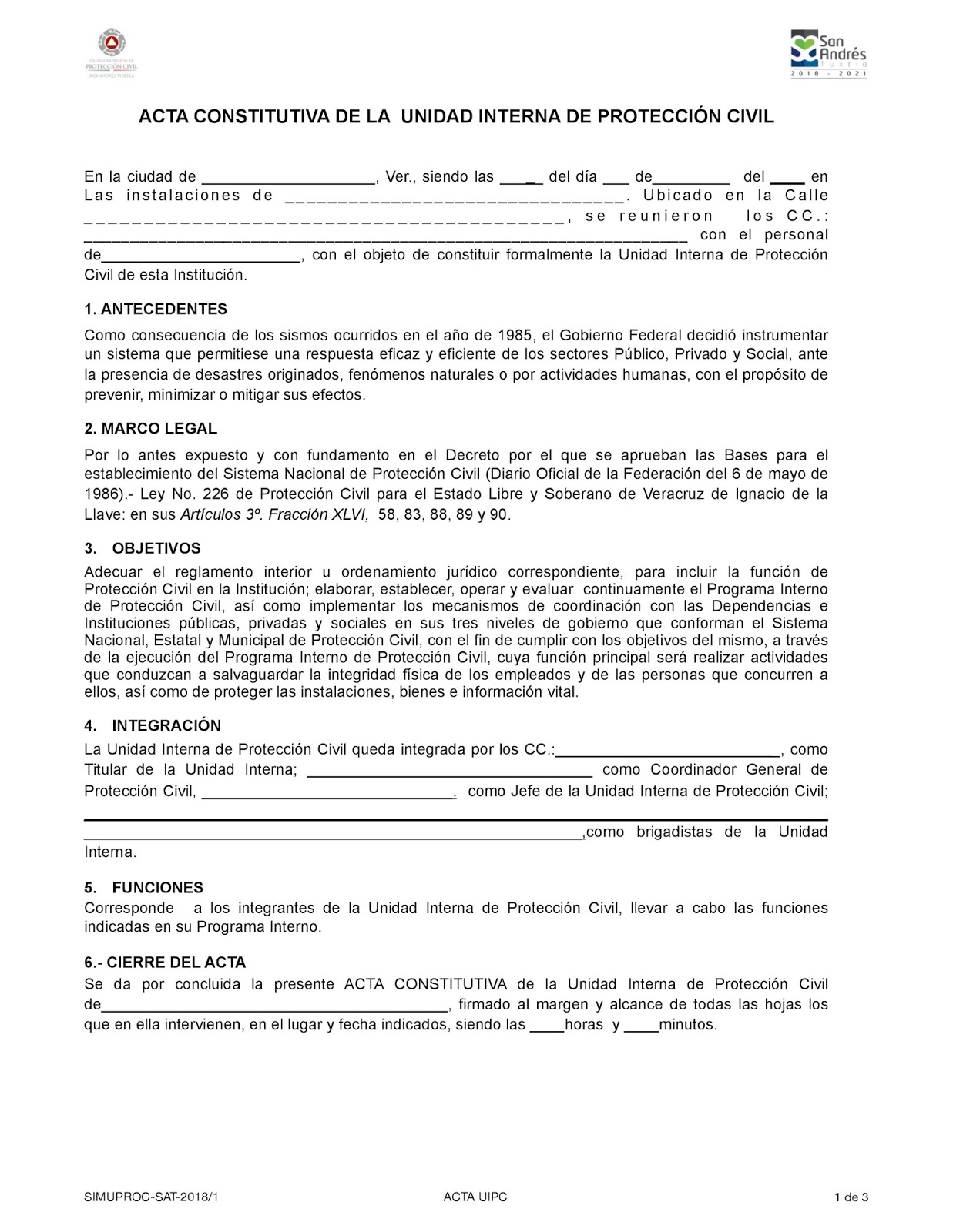 Acta de Unidad interna de protección civil / Emergencia escolar