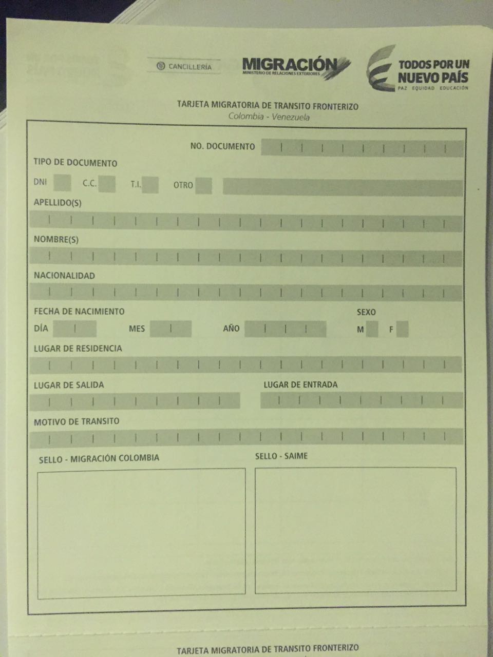 Esta es la planilla de migración colombiana para cruce fronterizo ...