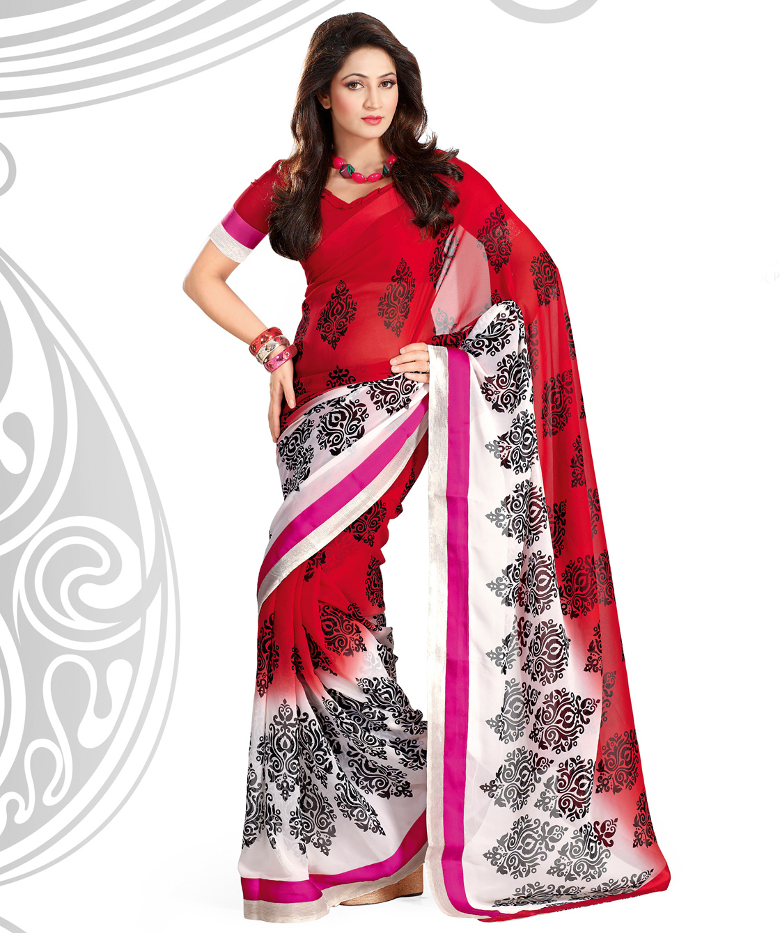 Incredibal Indian Wears: Brijraj Red and White Poly Georgette Saree ...