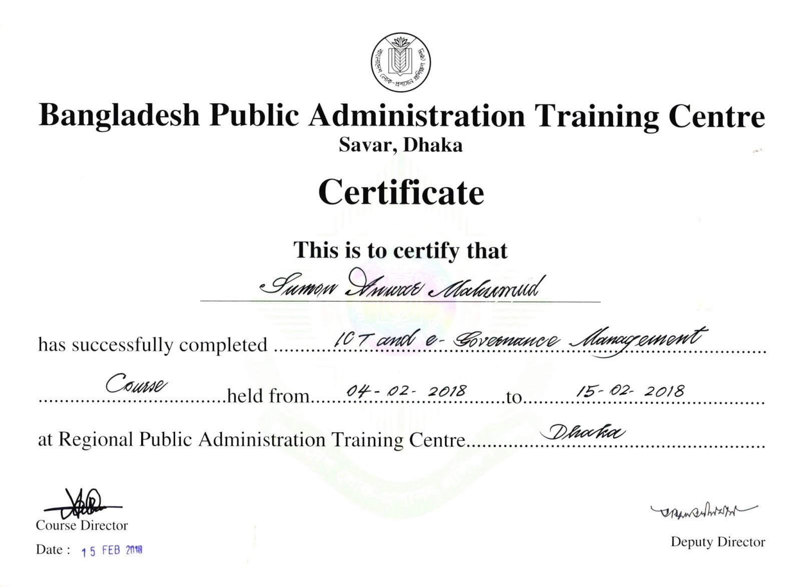 Professional Certificate of Sumon Anwar Mahumud - Engr. Sumon Anwar Mahumud