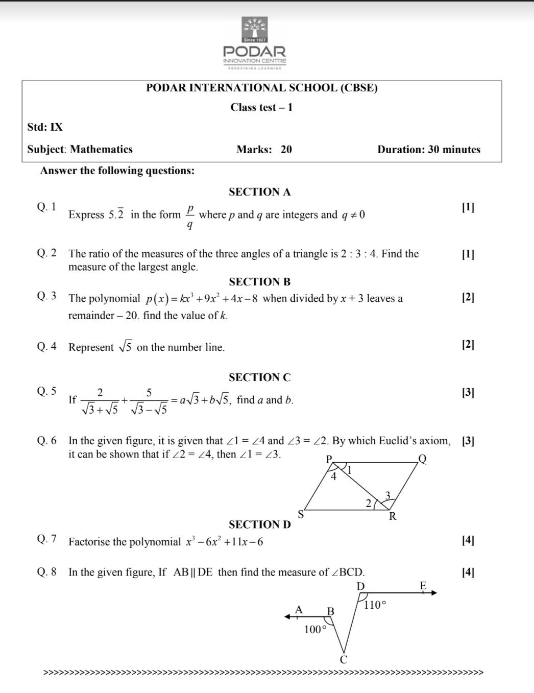 Mathematics - Revision Test and Solution