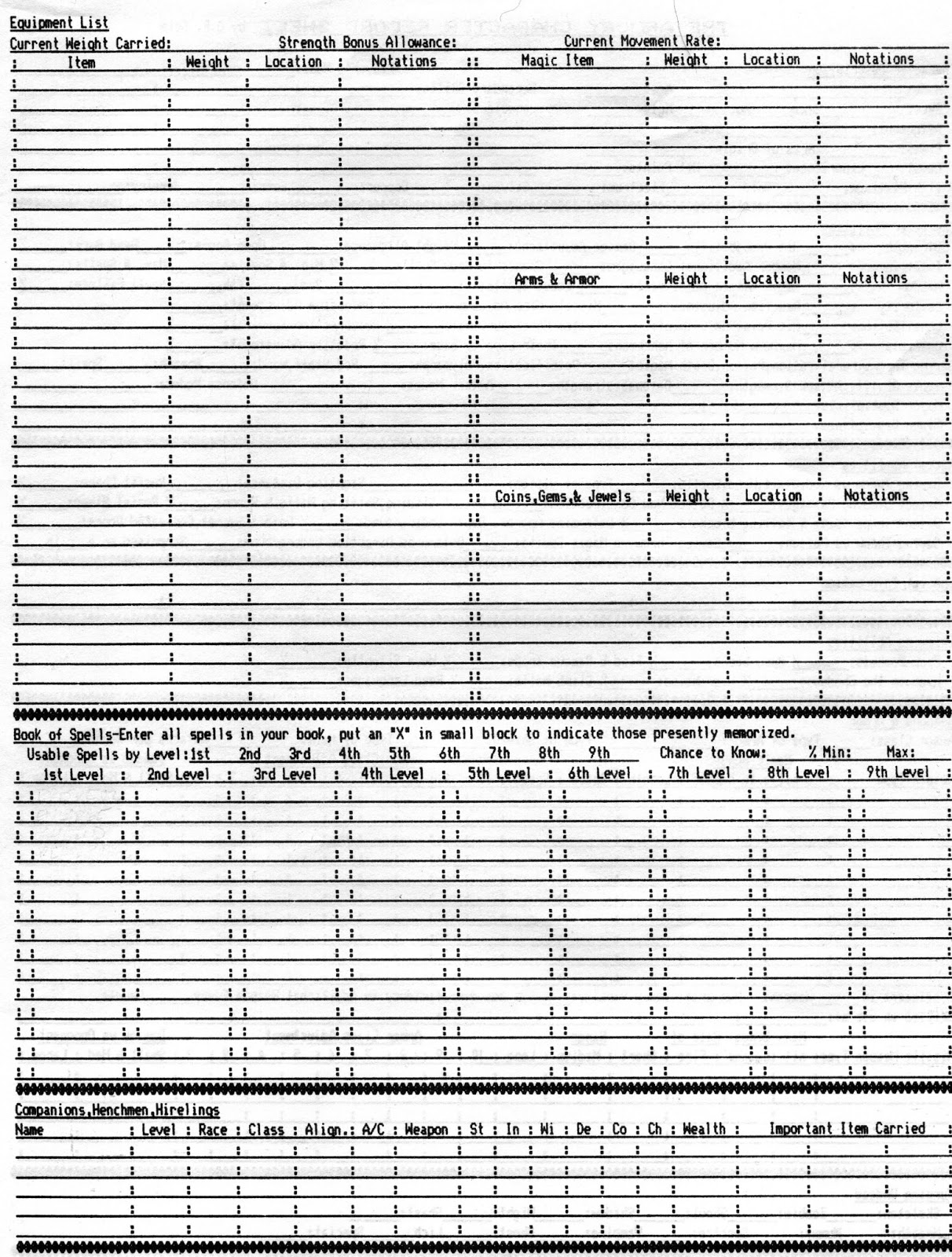 Beyond the Black Gate: Armory AD&D character record sheets