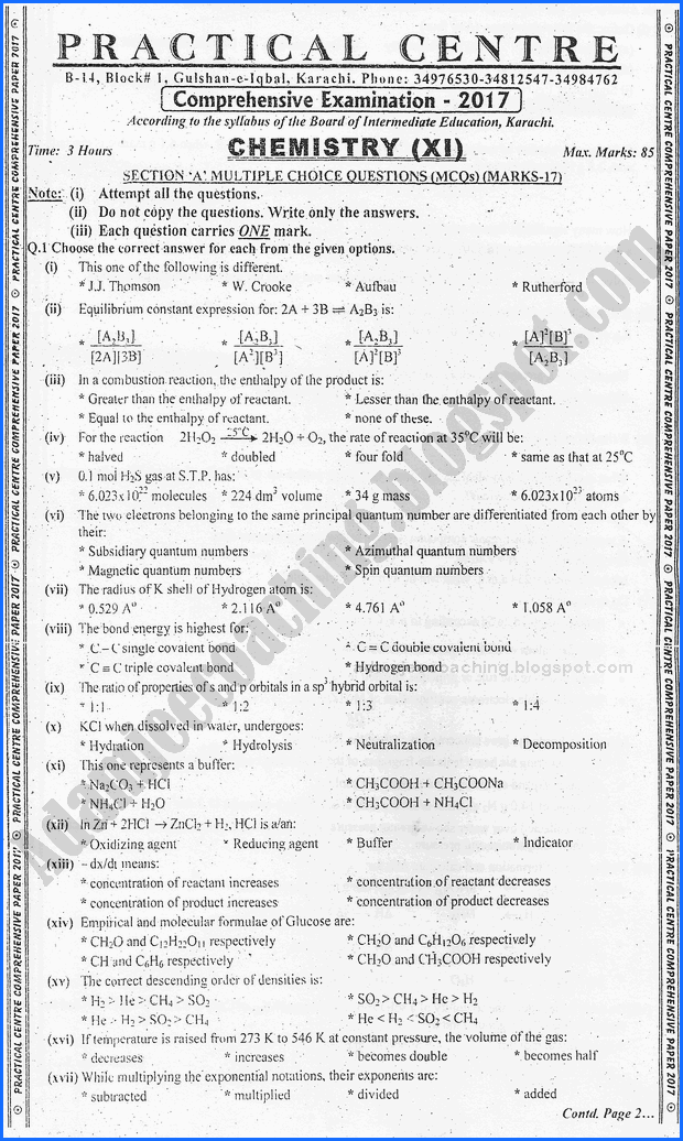 Adamjee Coaching: Chemistry 11th - Practical Centre Guess Paper 2017