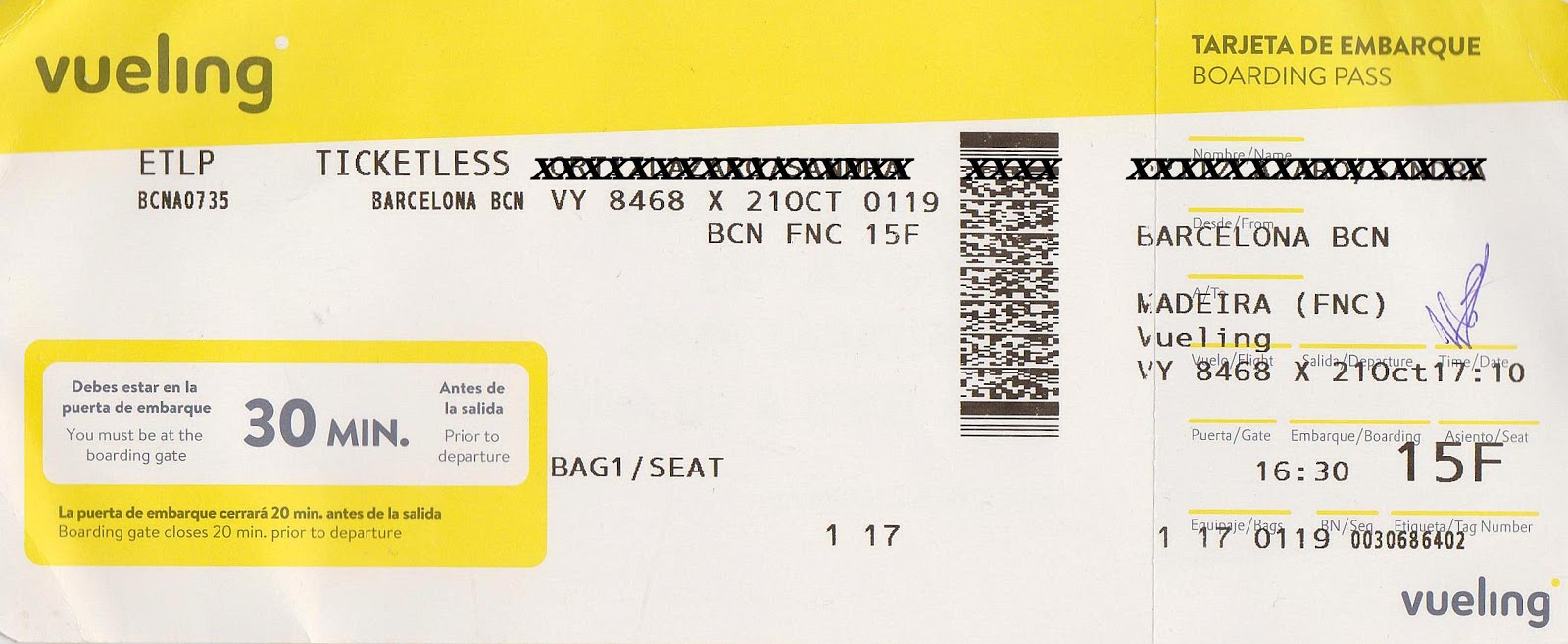 The traveler's drawer: VUELING. Tarjeta de embarque para el vuelo VY ...