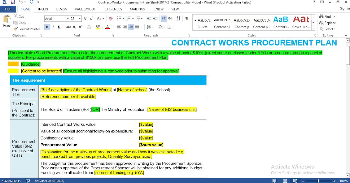 Contract Works Procurement Plan Template