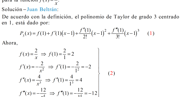 Banco de matemáticas: Polinomio de Taylor de grado 3 centrado en 1 para f(x)=2/x