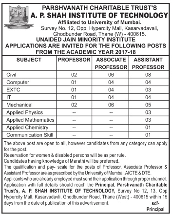 A.P.Shah Institute of Technology, Thane, Wanted Teaching Faculty ...