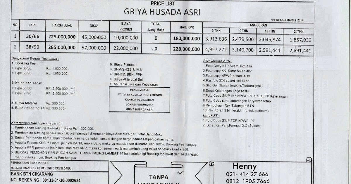 Brosur Harga Rumah Tanpa Uang Muka Bekasi - Griya Jingga Permai
