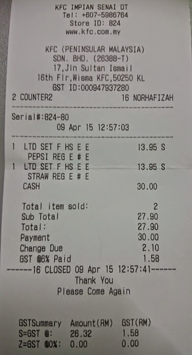 Harga KFC selepas GST Nurul Hidayah's Deary Diary