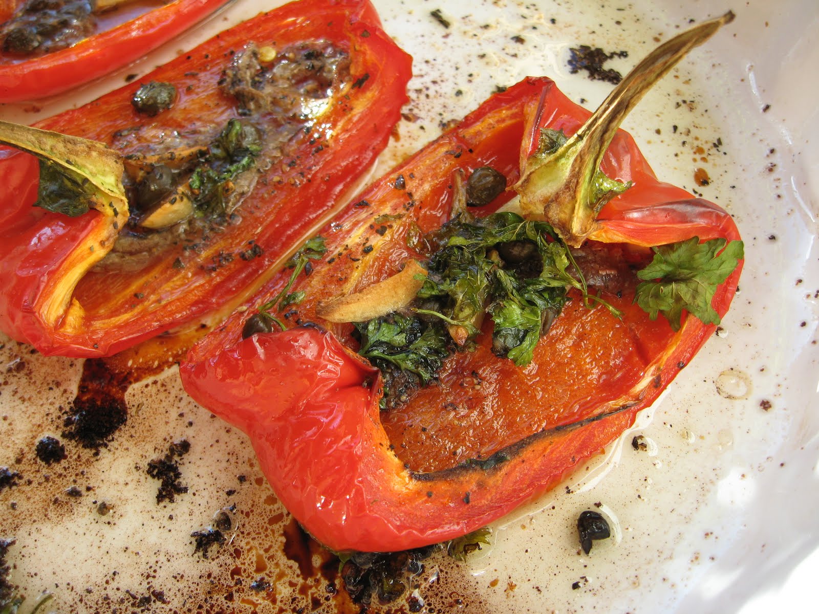 she's in the kitchen: slow roasted peppers with basil, capers and anchovies