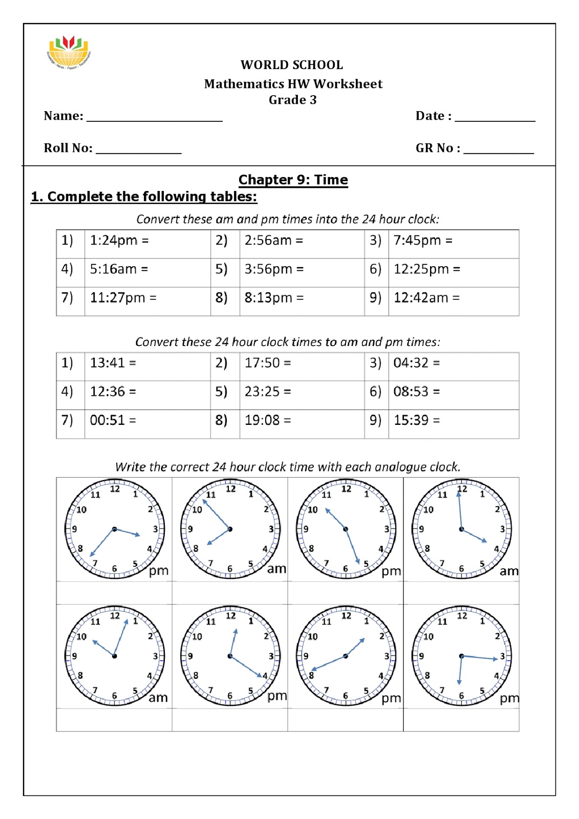 Birla World School Oman: Homework for Grade 3 as on 16/01/2018