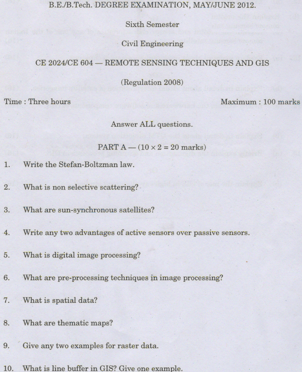 CE2024 Remote Sensing Techniques and GIS BE Civil 2012 Question Paper ...