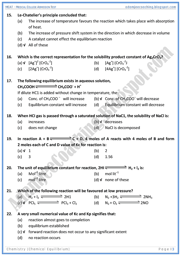 Adamjee Coaching: MCAT Chemistry [Chemical Equilibrium] Mcqs for ...