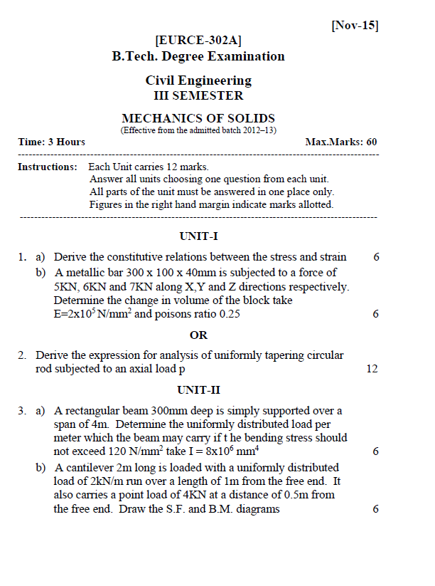 GITAM University EURCE-302A MECHANICS OF SOLIDS 2015 Question Paper ...