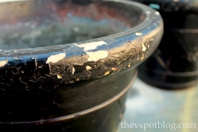 Saving tired old flower pots with textured spray paint. | The V Spot