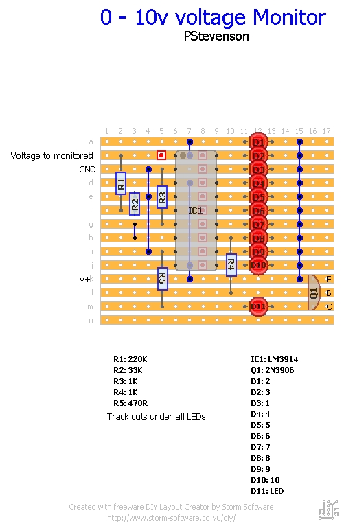 Paul In The Lab: LM3914 Voltage Monitor Stripboard Veroboard Layout