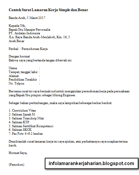 Contoh Surat Lamaran Kerja Sederhana Terbaru - Info Kerja