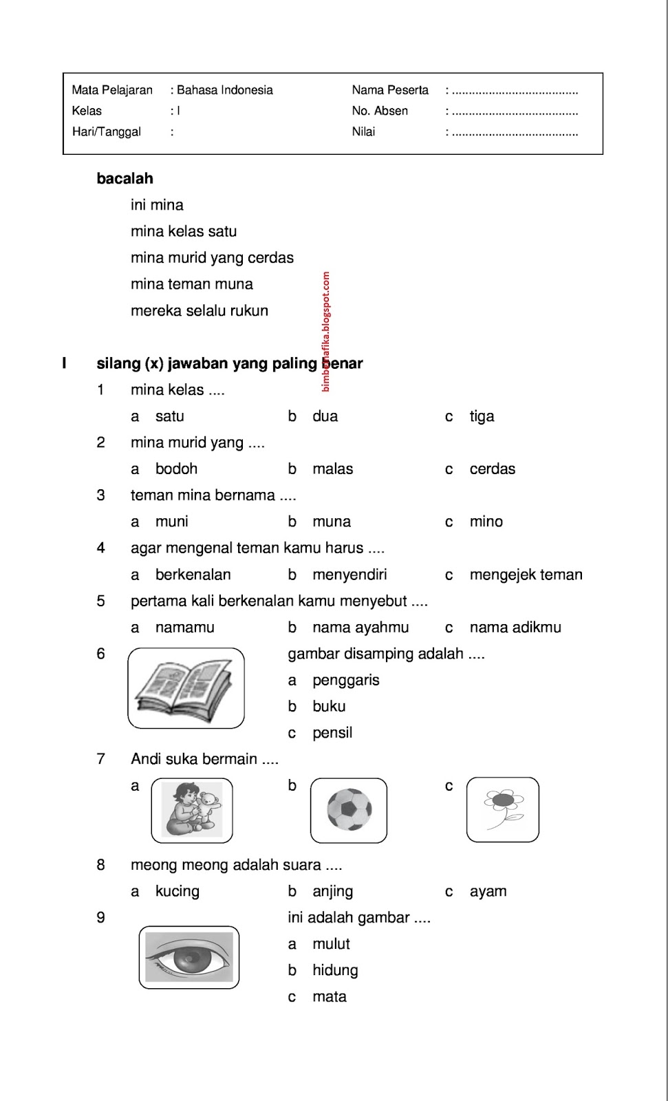 Soal Latihan 1 Bahasa Indonesia Kelas 1 SD ~ Soal Jawaban
