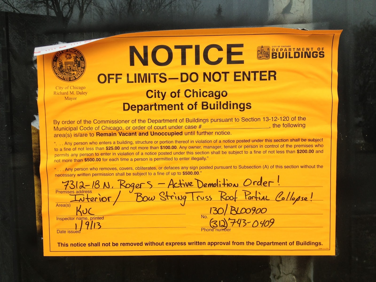 Chevanston Rogers Park: Active Demolition Order.