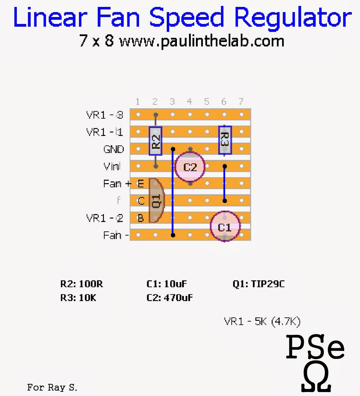 Paul In The Lab: Linear PC Fan Speed Controller Stripboard Veroboard Layout