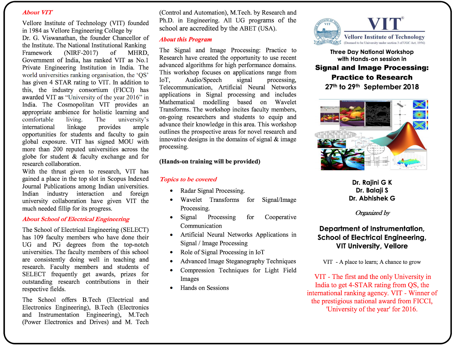 3 days workshop on Signal & Image Processing at VIT University