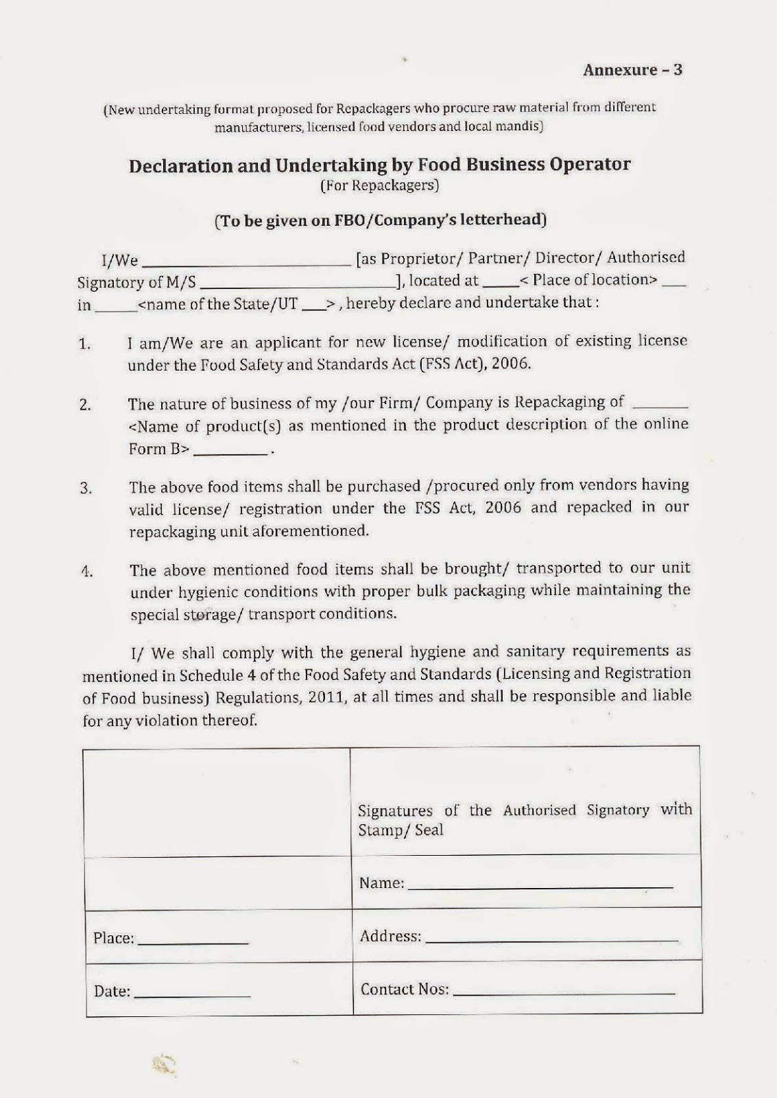 FOOD SAFETY LATEST: Introduction of Self Declaration system dated 26th ...