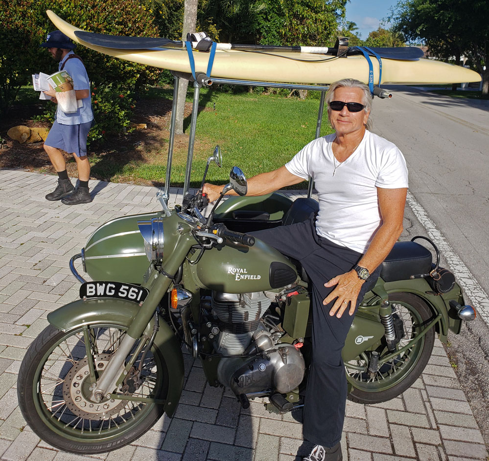 RoyalEnfields.com: His Royal Enfield sidecar rig takes him surfing