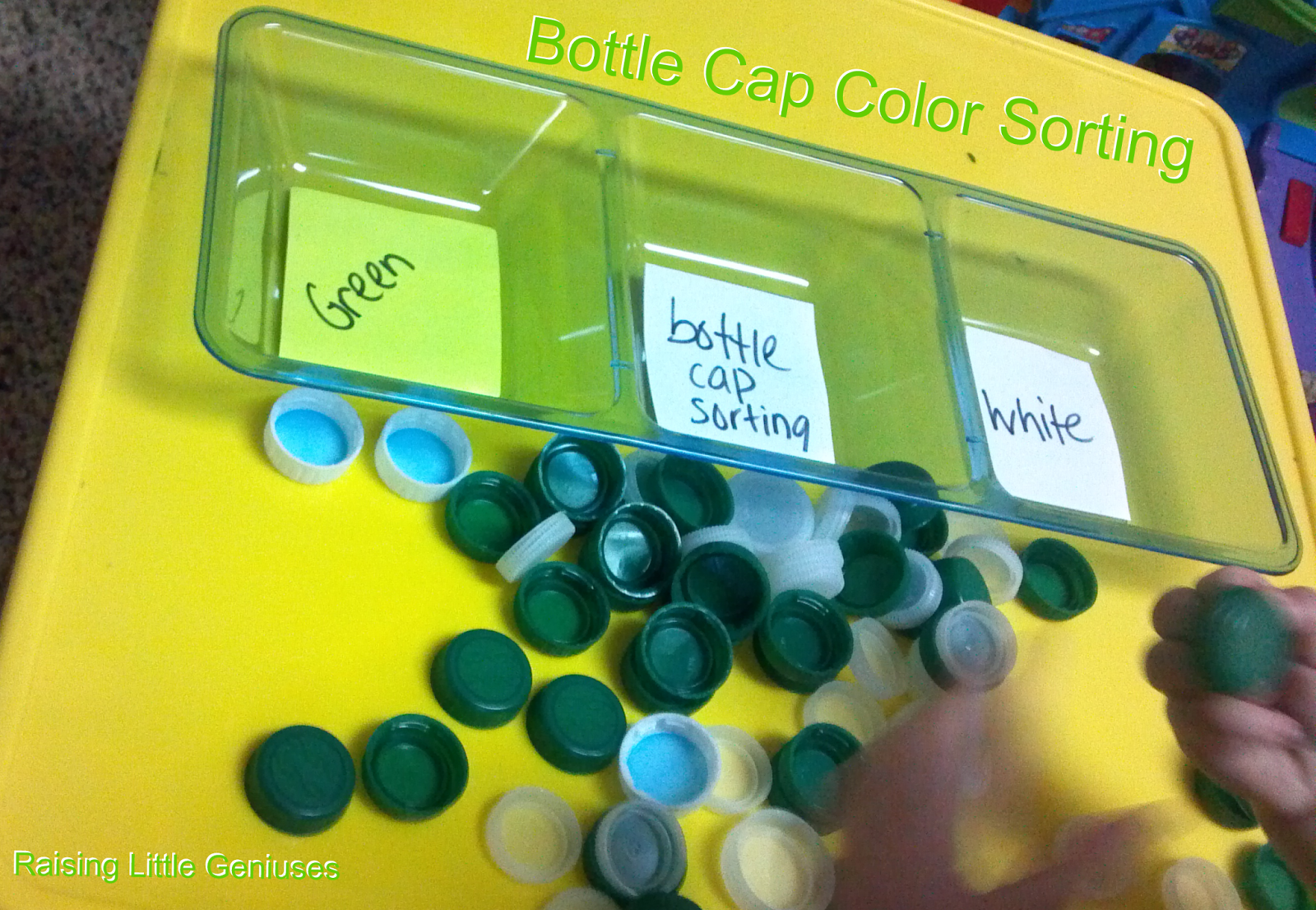 Raising Little Geniuses: Bottle Cap Color Sorting