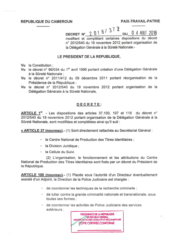 Textes de Loi du Cameroun: Décret N° 2016/372 du 04 août 2016 modifiant ...