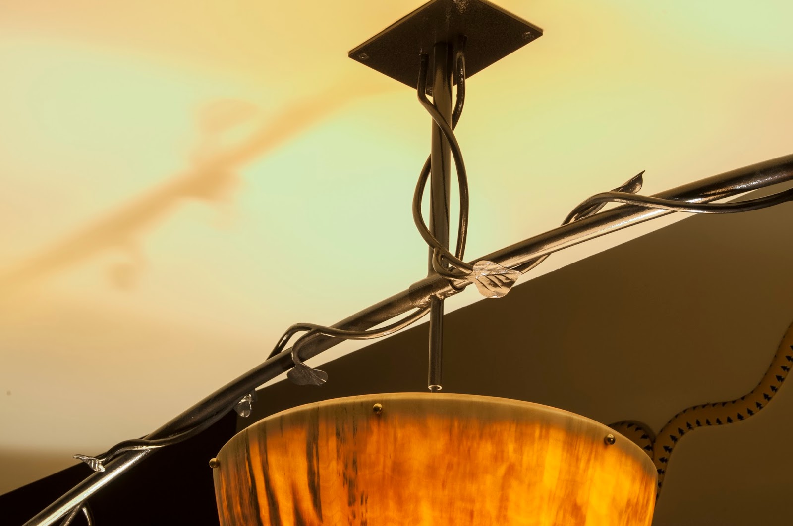 Glowing Dreams of Translucent Wood: Arc Fixture with Vines and Leaves