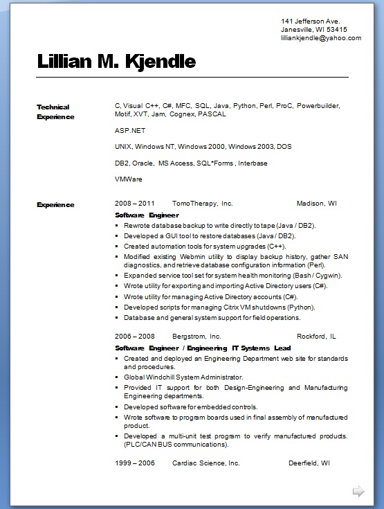 Good Software Engineer Curriculum Vitae Format in Word Free Download