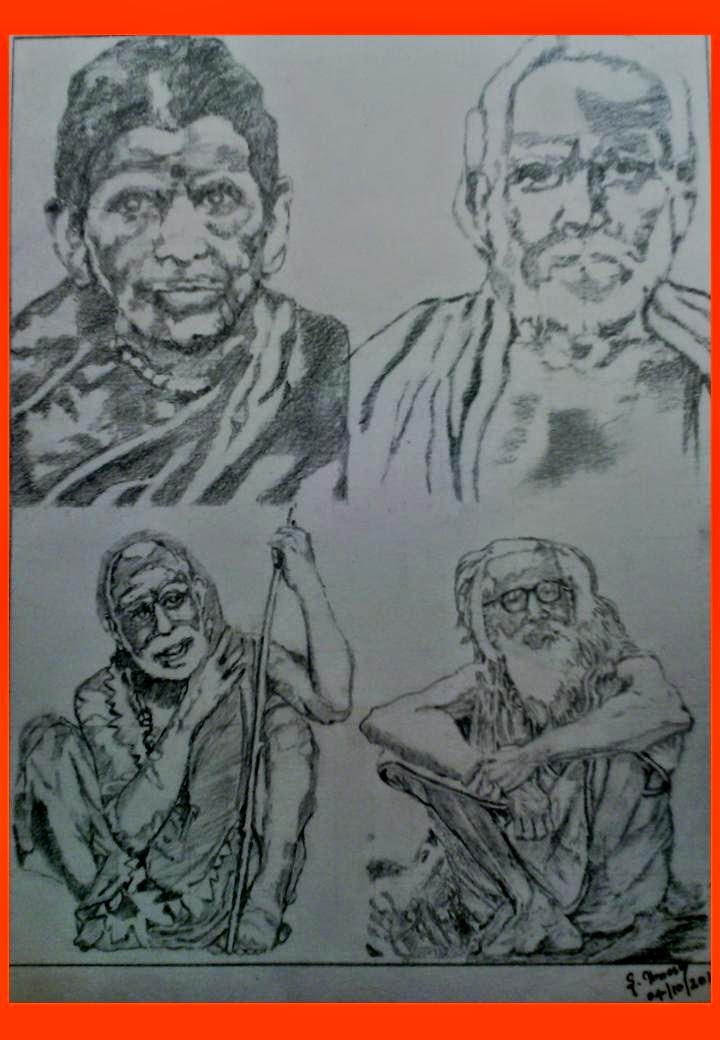 Mahaperiyava Paintings: Mahaperiyava with Amma Appa Thambi - Pencil Sketch