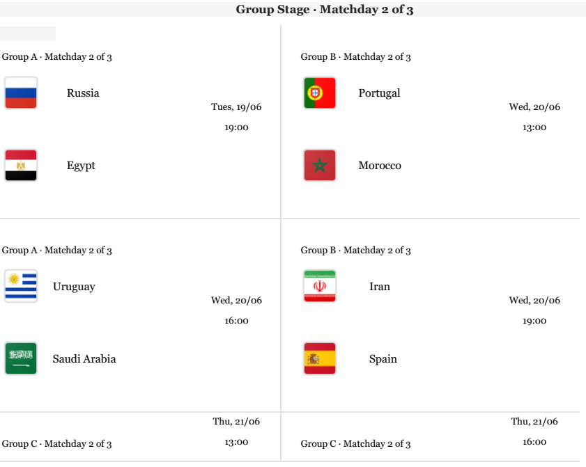 2018 FIFA World Cup Fixtures