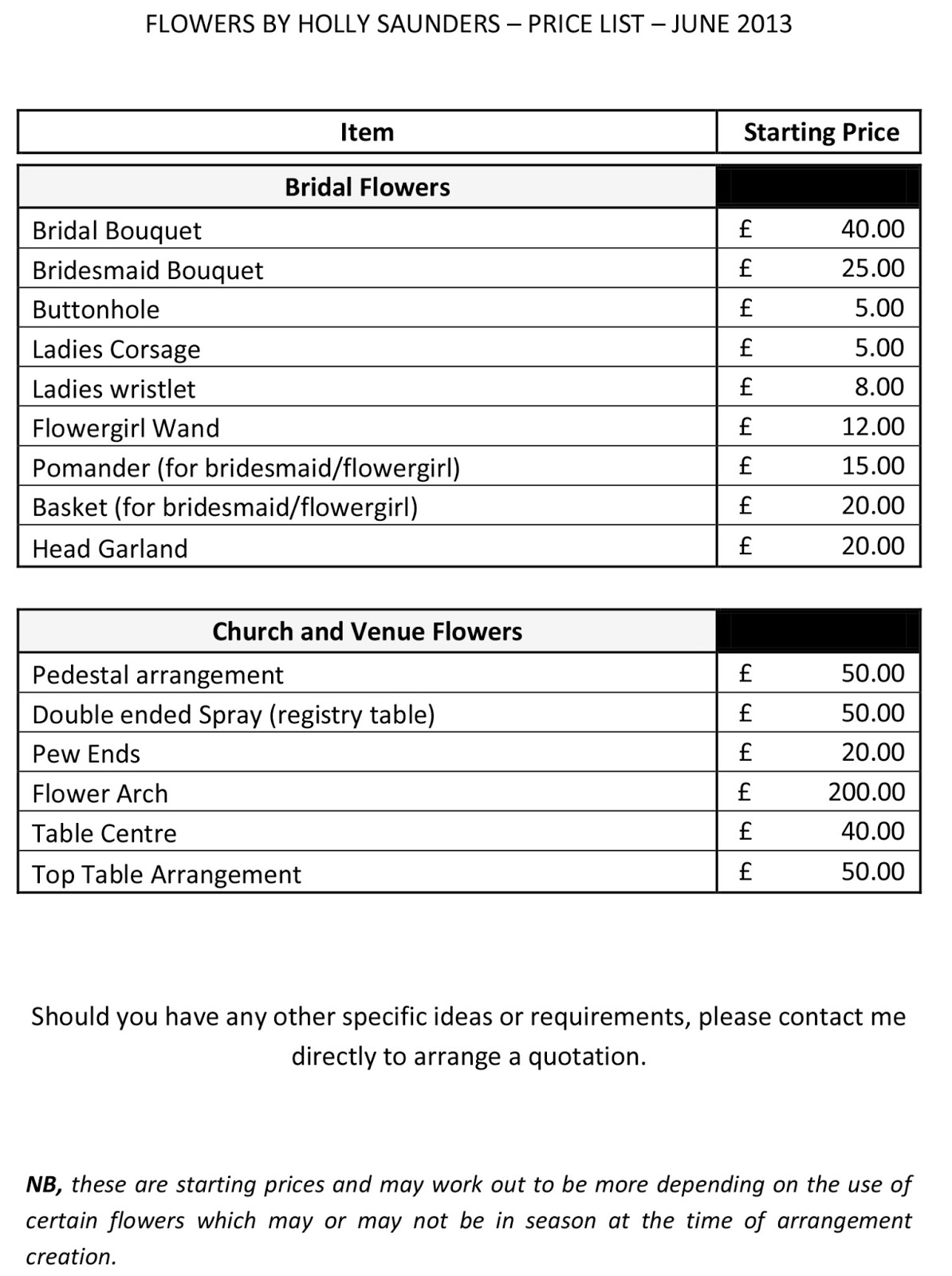 Flowers by Holly Saunders: Price List