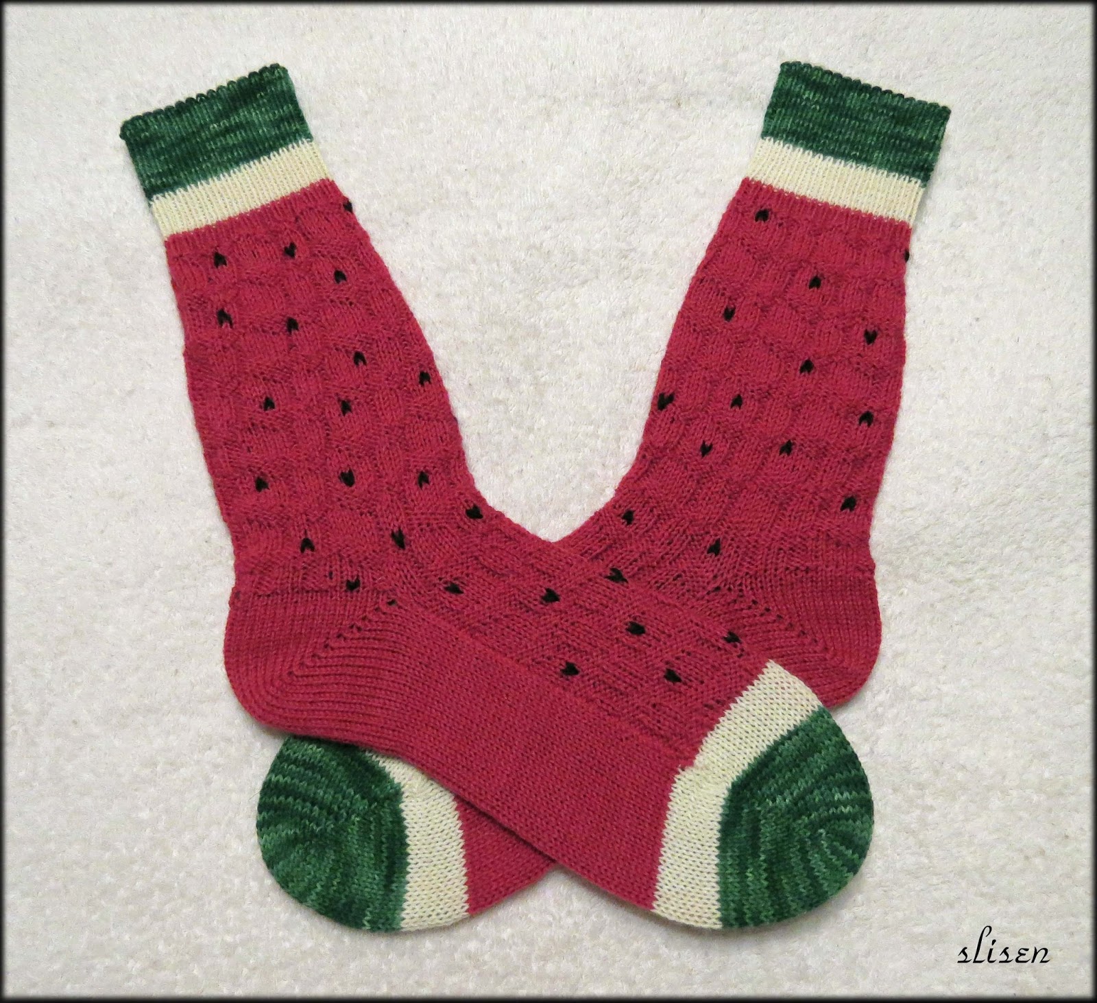 Slisen's Happy Place: Watermelon Socks, knit flat