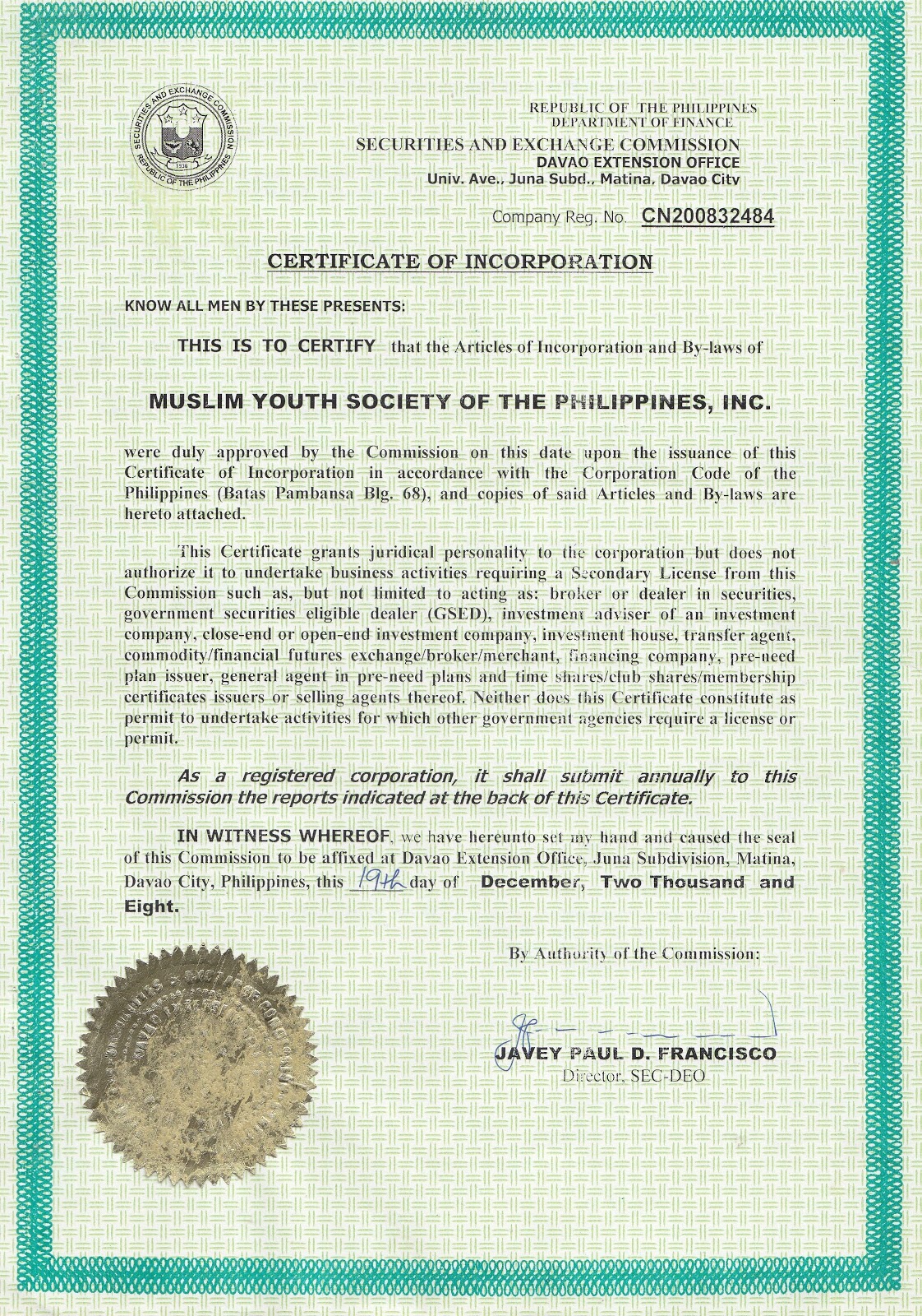 Muslim Youth Society of the Philippines, Inc.: Mayor's Permit and SEC ...