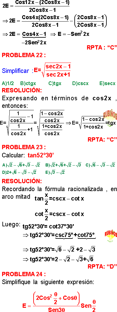 IDENTIDADES DEL ANGULO MITAD EJERCICIOS RESUELTOS DE TRIGONOMETRIA PDF