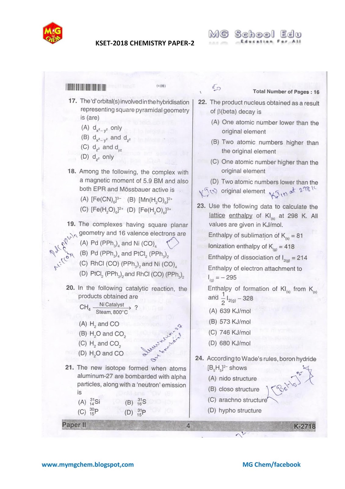 MG SCHOOL SCIENCE: KSET-2018 CHEMICAL SCIENCE QUESTION PAPER