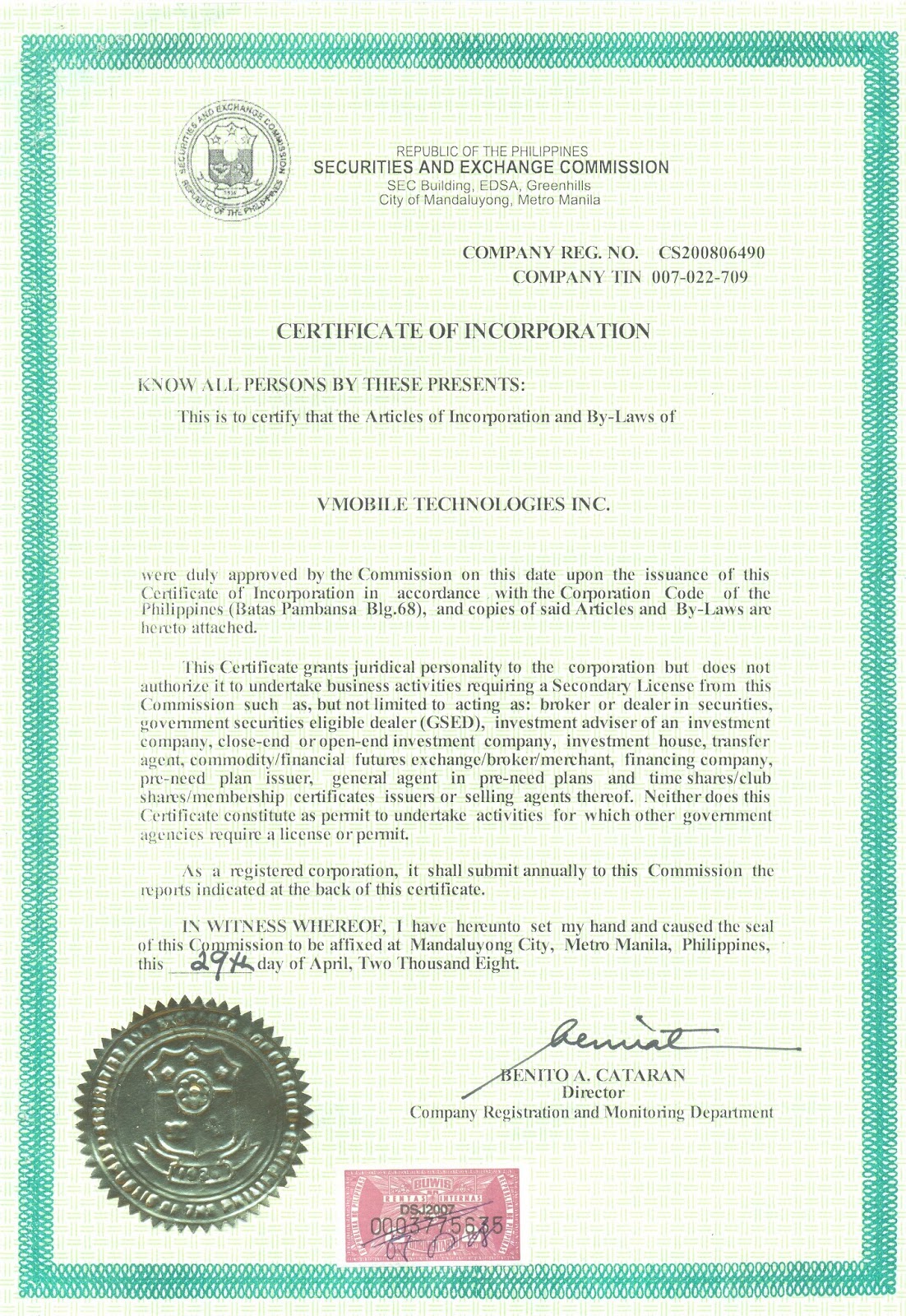 VMOBILE: Vmobile SEC Certificate
