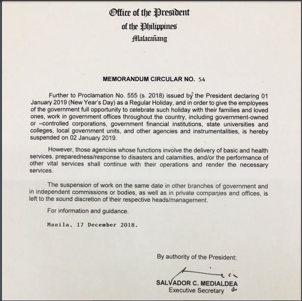 Memorandum Circular No. 54, s. 2018 or the suspension of government ...