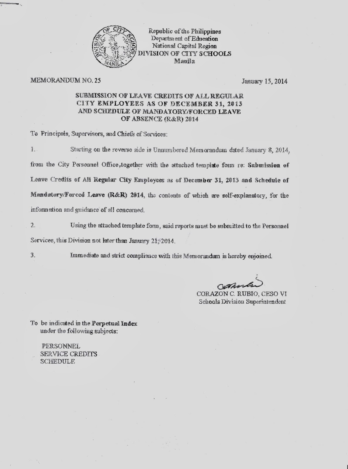 Department of Education Manila: Division Memorandum No. 25 - SUBMISSION ...