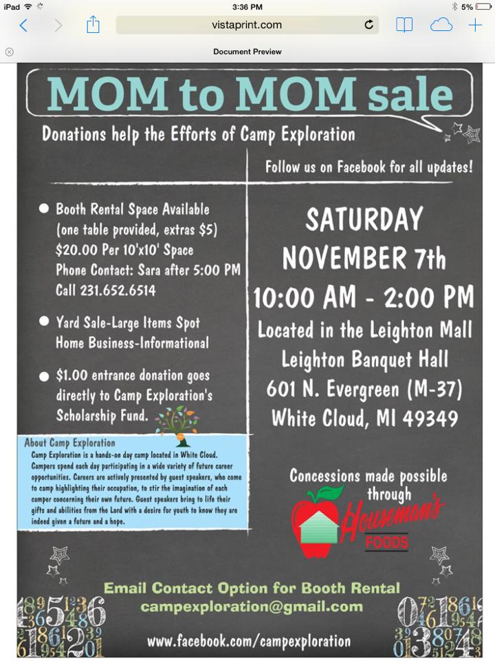 Newaygo County Kids: WhiteCloud Event November 7th MOM to MOM Sale 10-2
