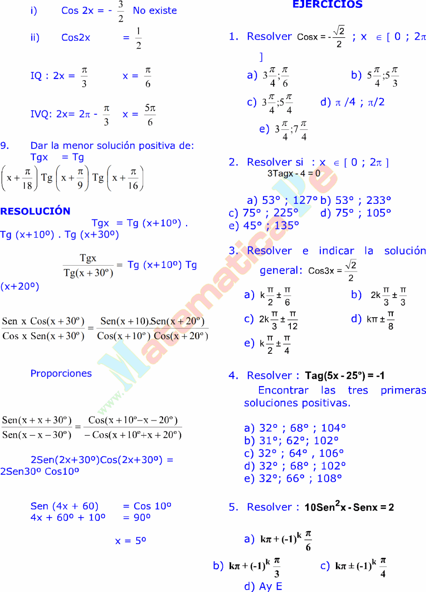 Ecuaciones TrigonomÉtricas Ejercicios Resueltos Pdf