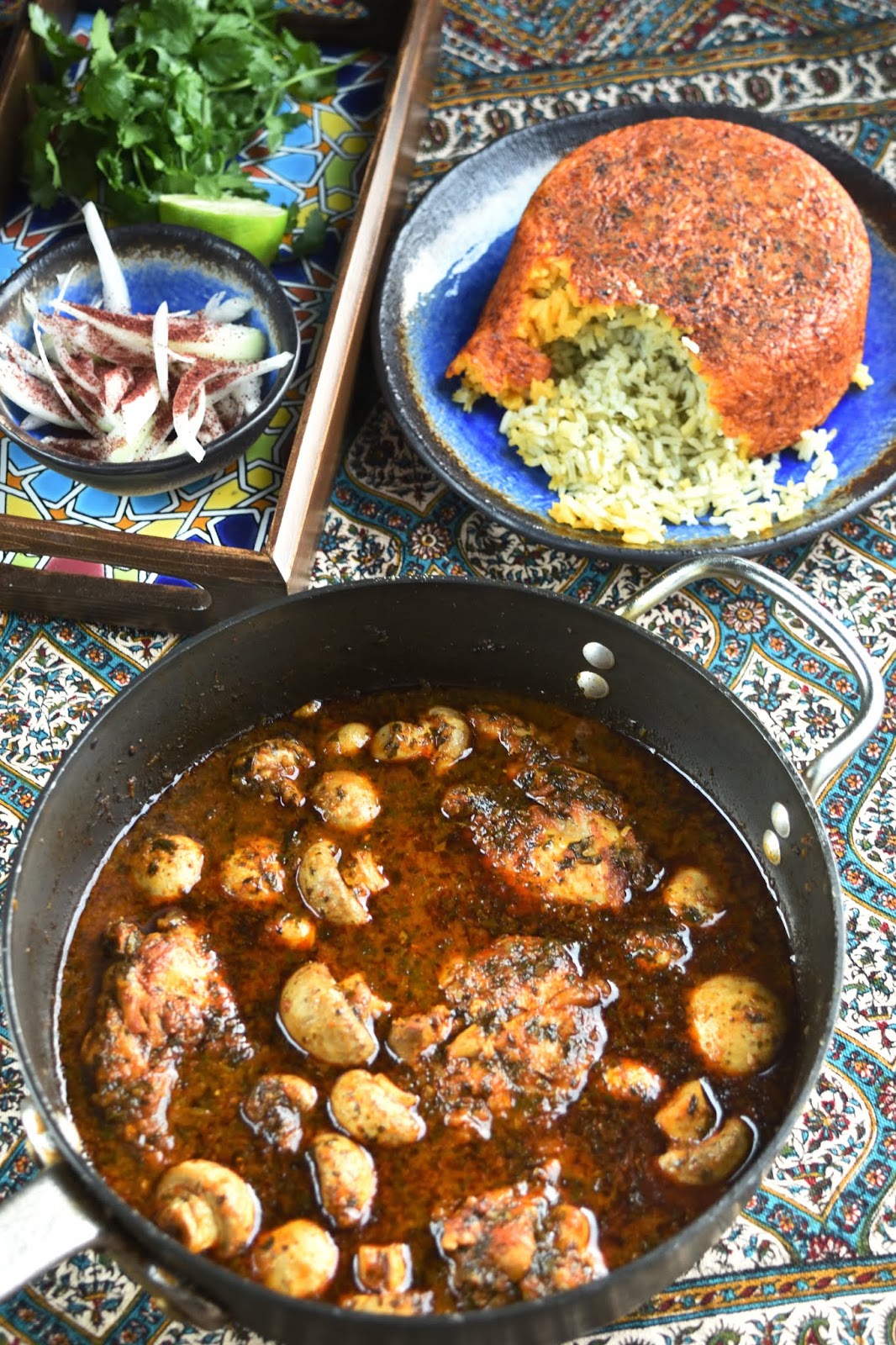 South Iranian style chicken stew with cilantro and mushroom