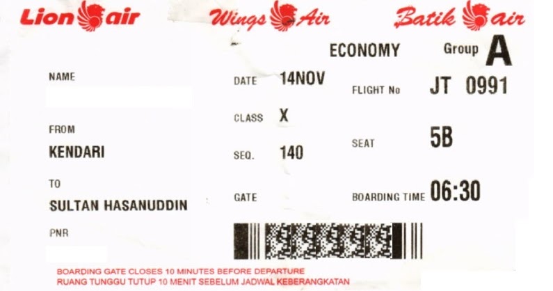 The Travelers Drawer Lion Air Boarding Pass For The Flight Jt 0991 From Kendari To Sultan