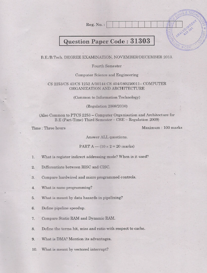 CS2253 Computer Organization and Architecture Nov Dec 2013 Question ...