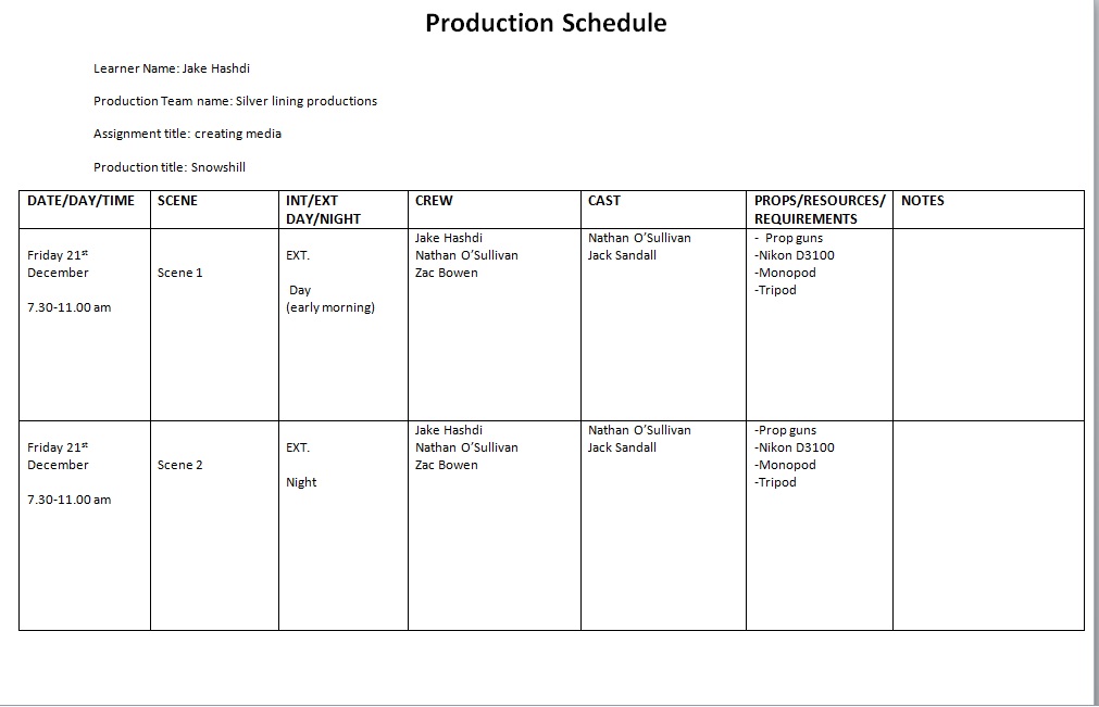 AS Media Studies - Zac Bowen: Pre- Production & Production Schedule