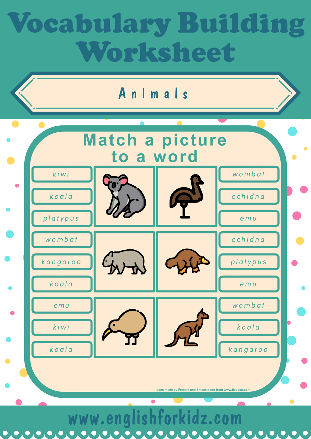 Animals Worksheets: Picture to Word Matching