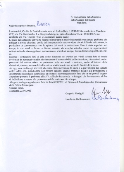 gregorio mariggiò: Esposto-querela nei confronti di ignoti presentato ...