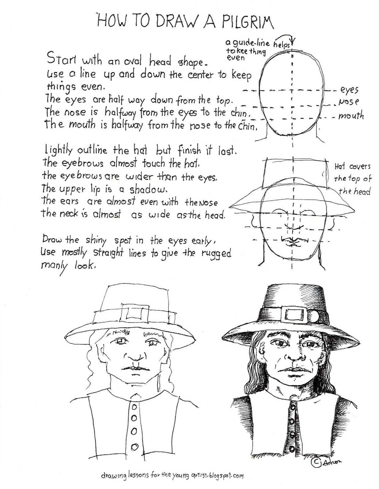 How to Draw Worksheets for The Young Artist: How To Draw A Pilgrim Man ...